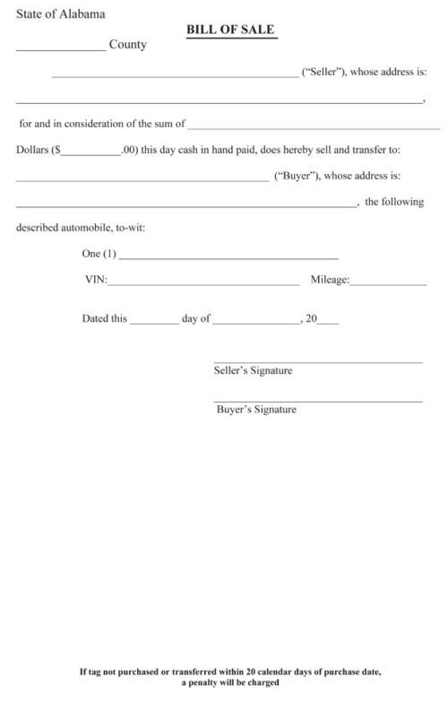 Alabama Motor Vehicle Bill of Sale Form PDF & Word