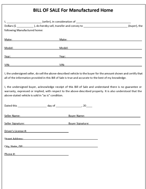 Manufactured Home Bill of Sale Form PDF & Word